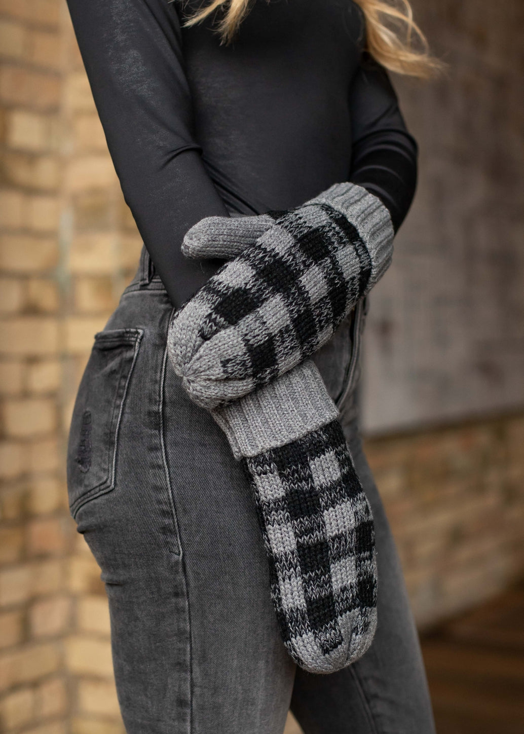 Ready to Ship Grey & Black Buffalo Plaid Knit Mittens | Northern Ice ...