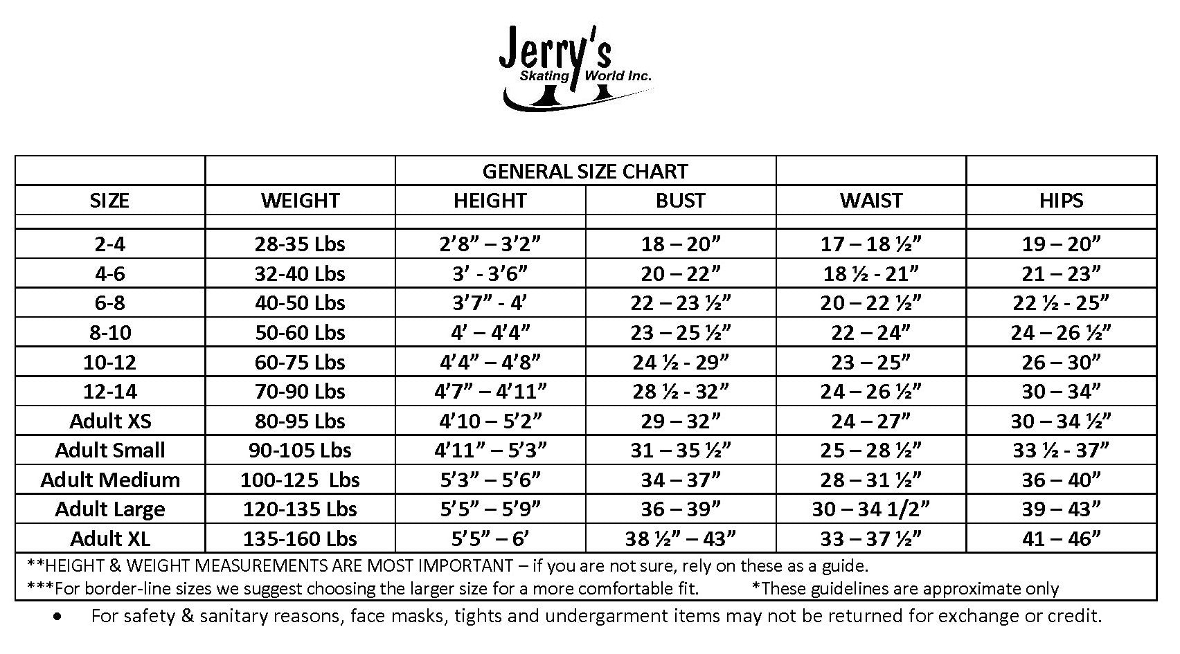Size Chart | Northern Ice and Dance